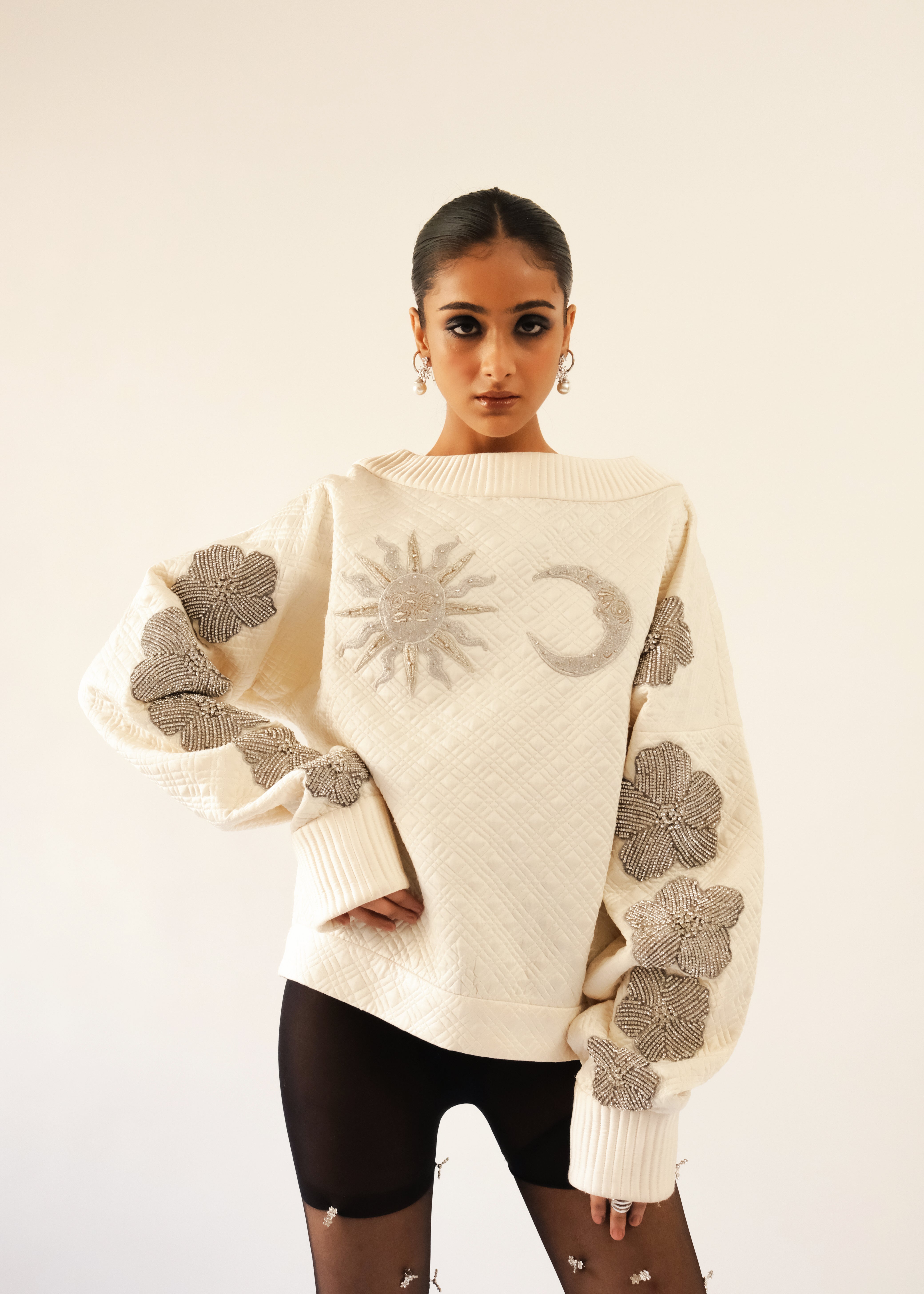 White Quilted & Embroidered Sweatshirt (Unisex)