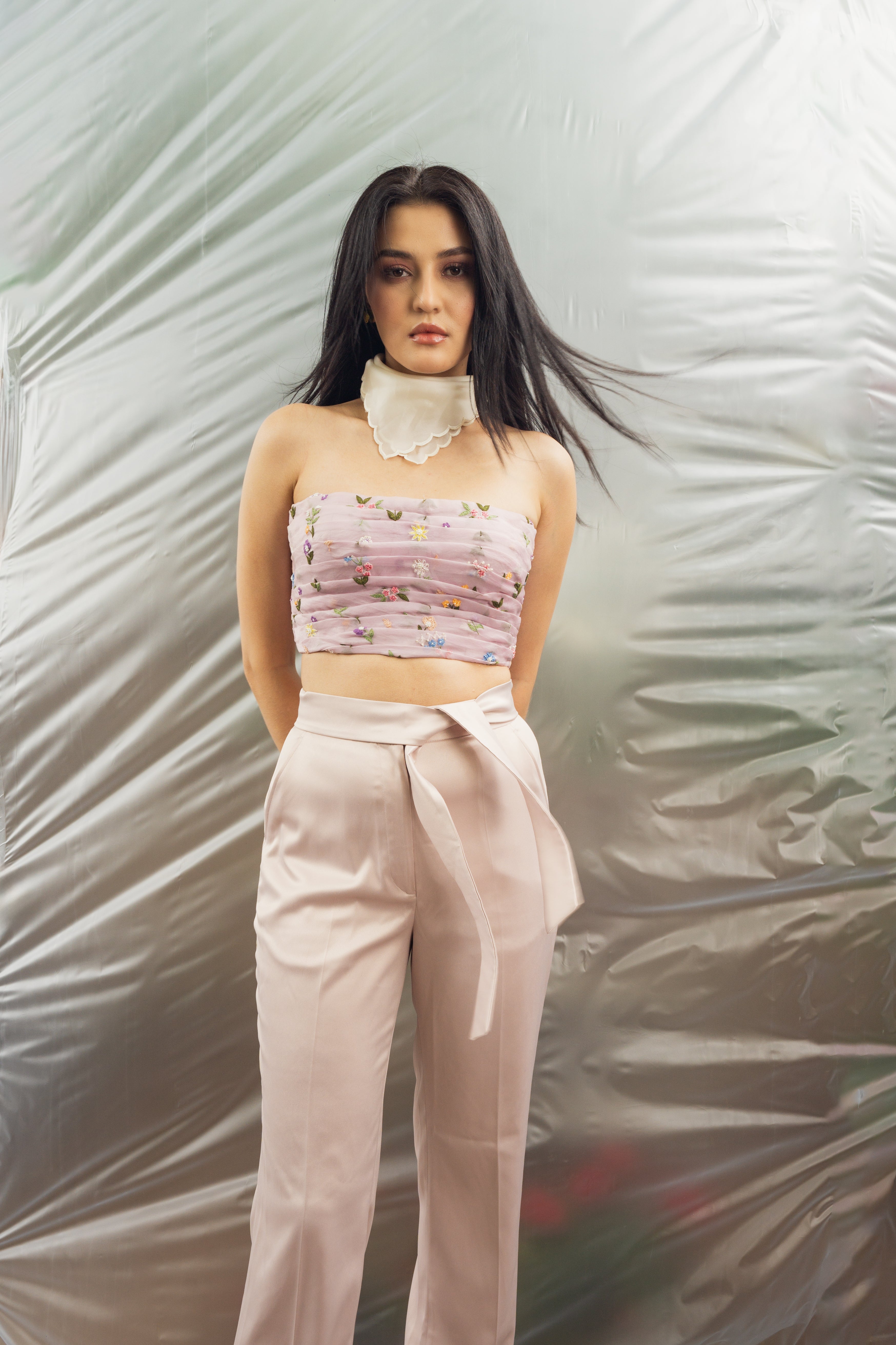 Lavender embroidered pleated bustier