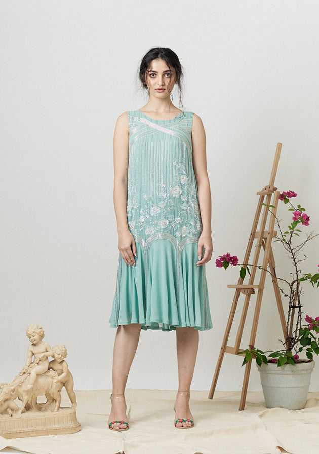 Powder blue floral embroidered godet dress